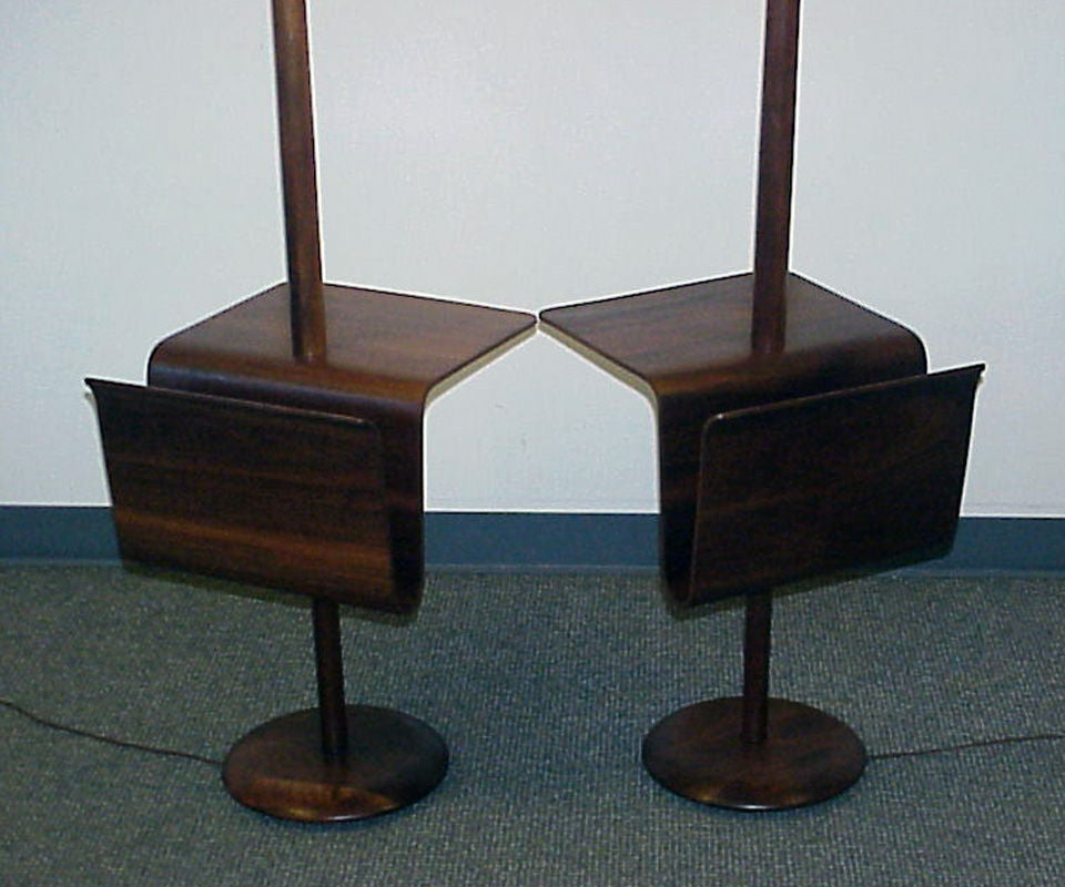 Pair of Bent Ply Magazine Tables with Attached Lamps at 1stDibs