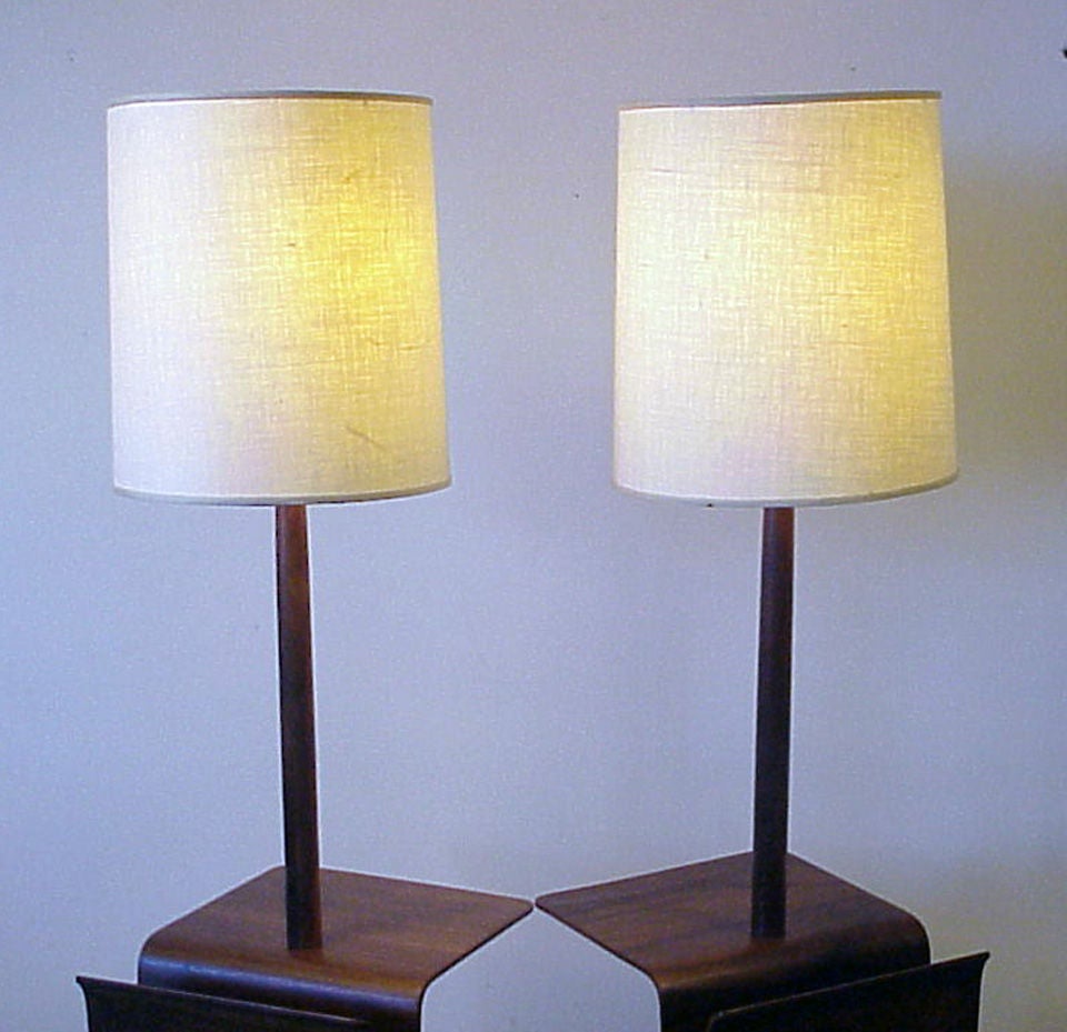Pair of Bent Ply Magazine Tables with Attached Lamps at 1stDibs