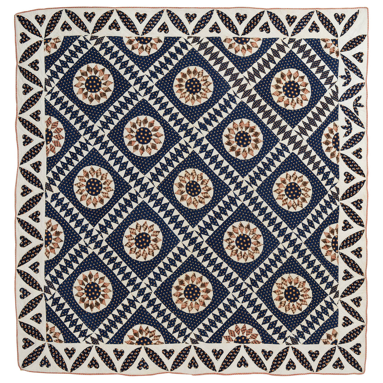 Russian Sunflower Quilt with Appliqued Heaarts at 1stDibs | sunflower ...