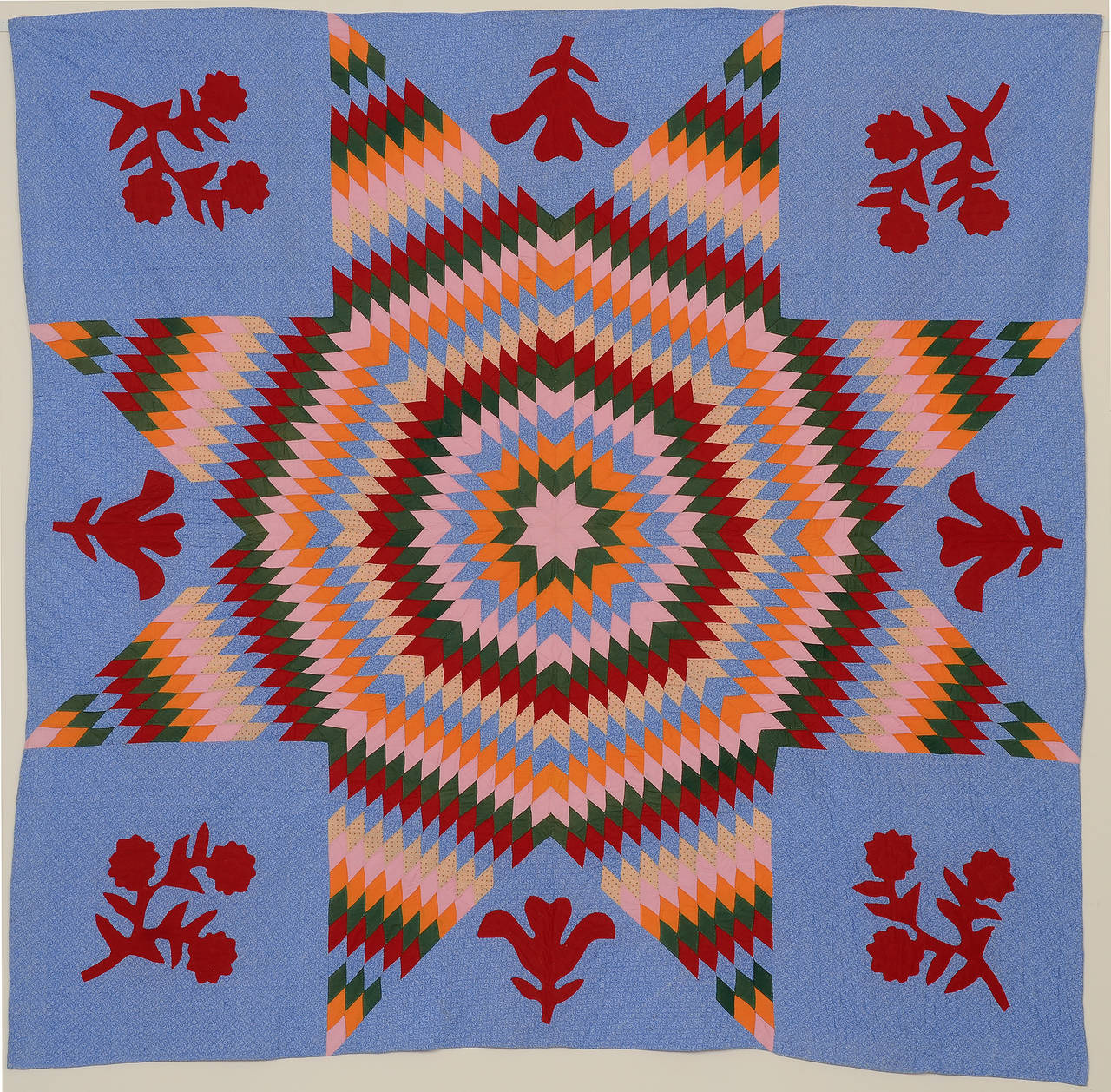 Lone Star Quilt with Applique at 1stDibs
