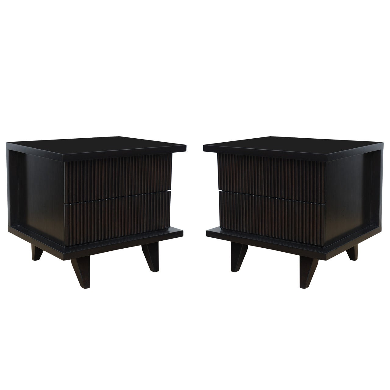 Sculptural Ebonized Two-Drawer Side Tables with Ribbed Fronts at 1stDibs