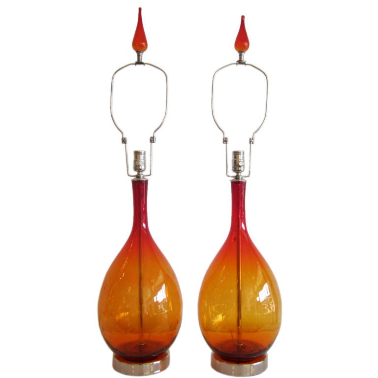 Rare Pair of Blenko Glass Lamps with Original Stopper Finials For Sale ...