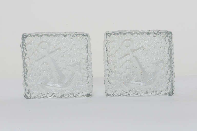 Nautical Textured Glass Bookends with Raised Anchors at 1stDibs