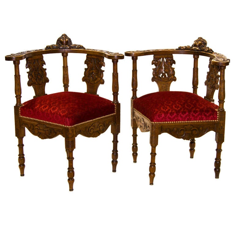 19th Century French Renaissance Carved Walnut Corner Chairs at 1stDibs