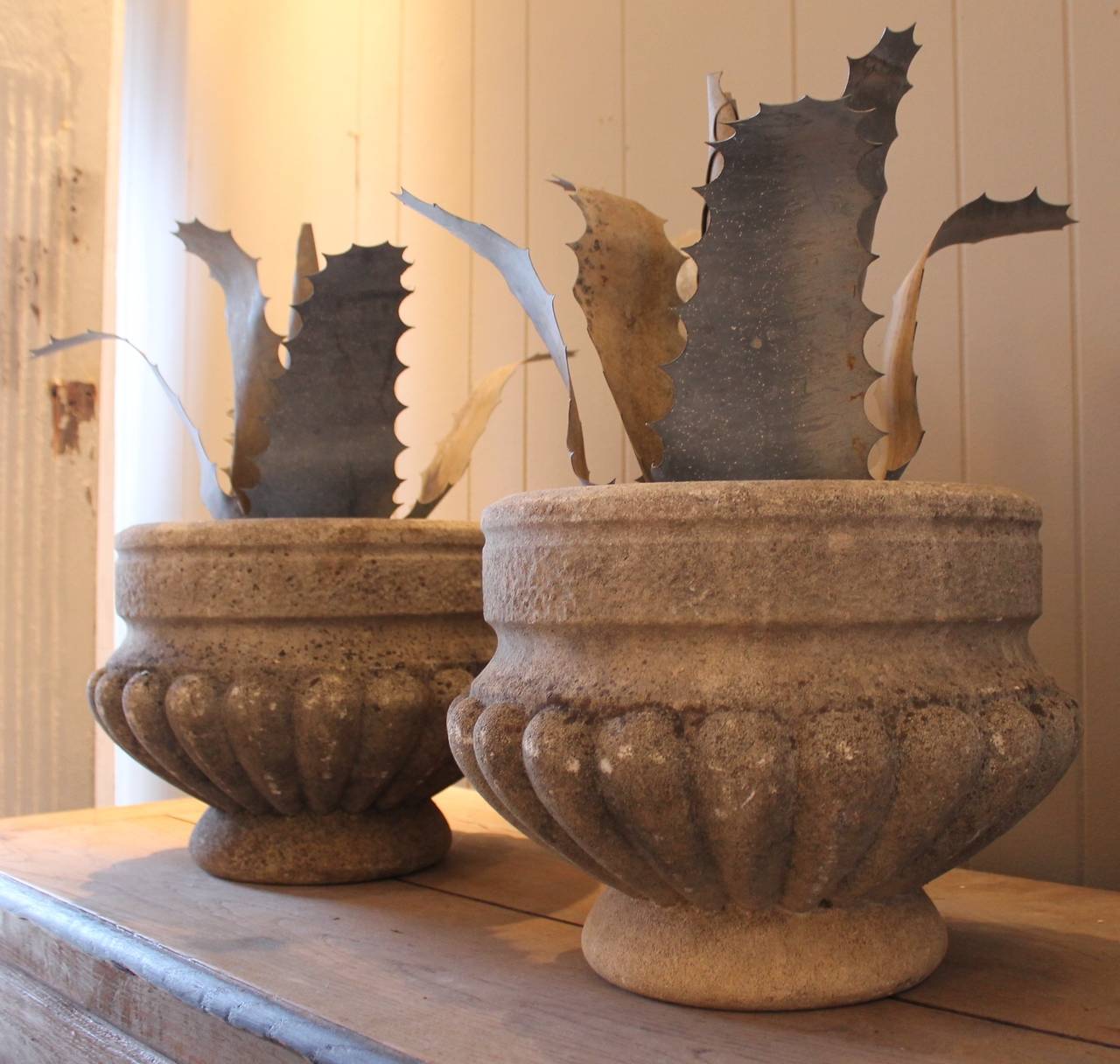 French Metal Agave Cacti with French Concrete Planters For Sale at 1stDibs