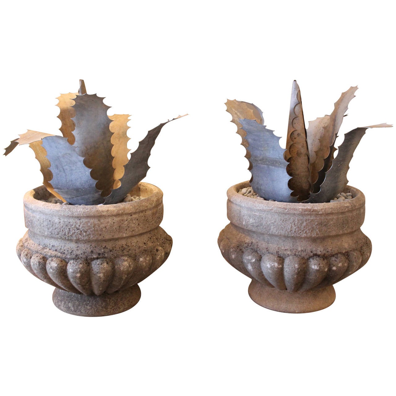 French Metal Agave Cacti with French Concrete Planters For Sale at 1stDibs
