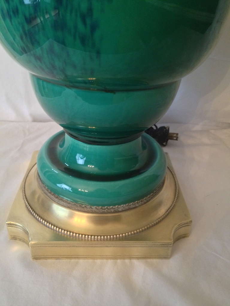 Peacock Turquoise Glazed Ceramic Lamp on Brass Base at 1stDibs