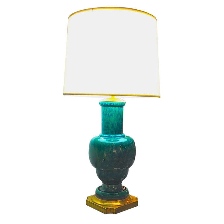 Peacock Turquoise Glazed Ceramic Lamp on Brass Base at 1stDibs