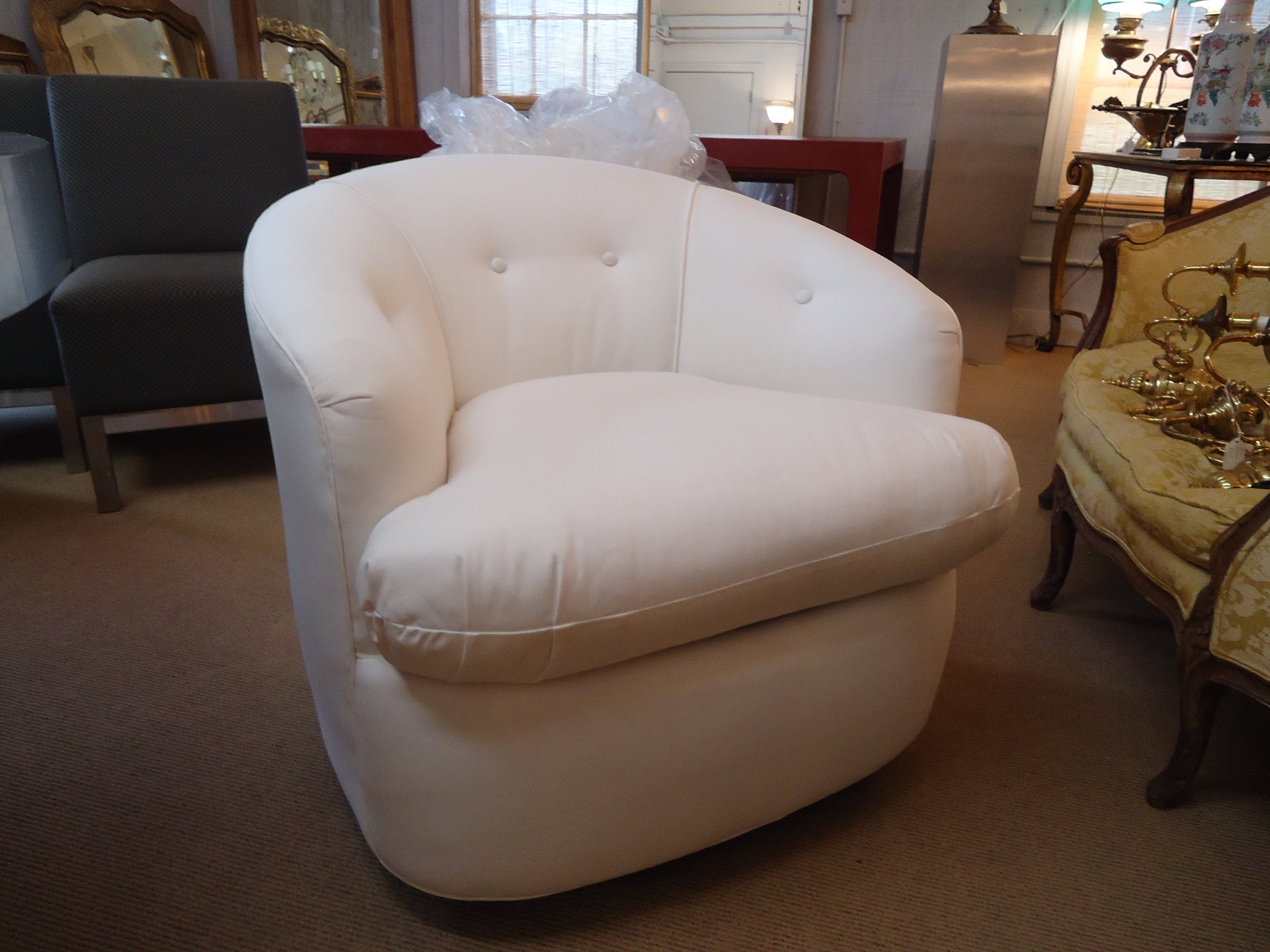 Chic Pair of Barrel shaped Swivel Club Chairs at 1stDibs