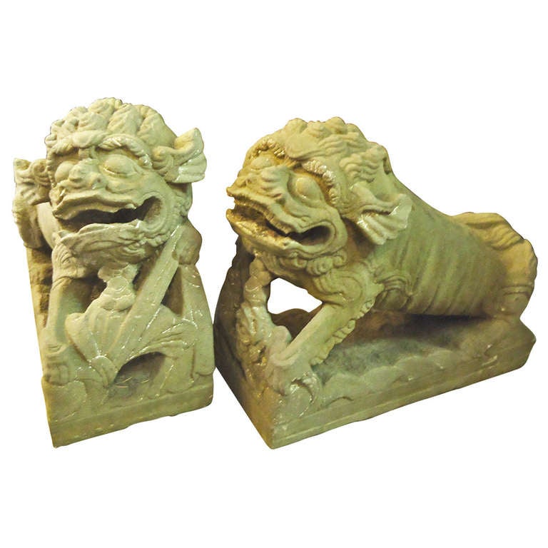 Pair of Ming Period Grey Stone Carved Foo Dogs at 1stDibs