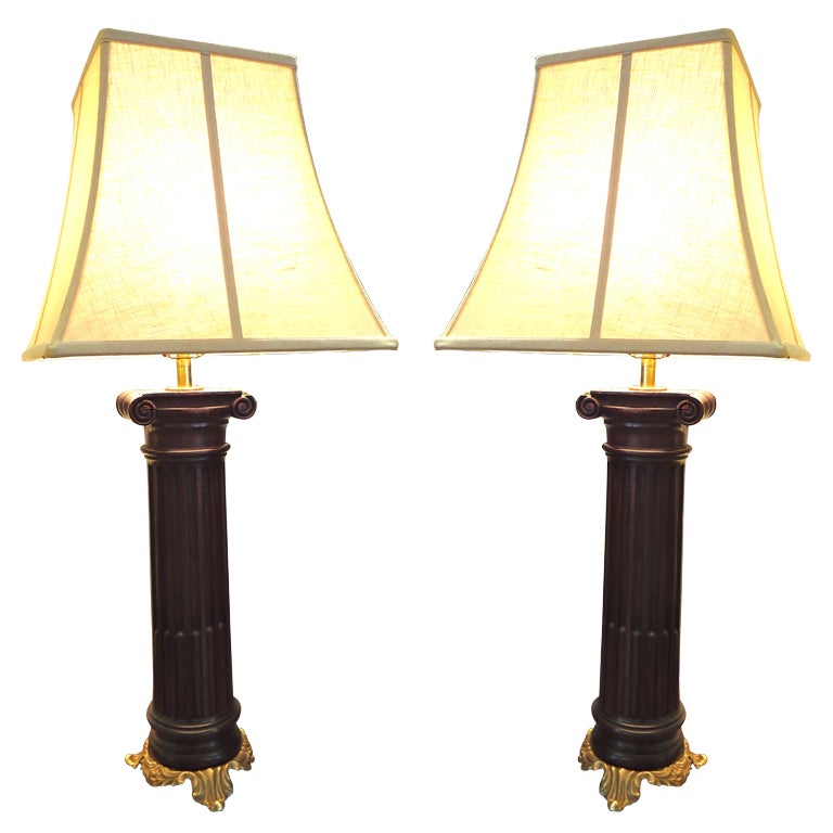Handsome Pair of Antique Mahogany Column Lamps at 1stDibs