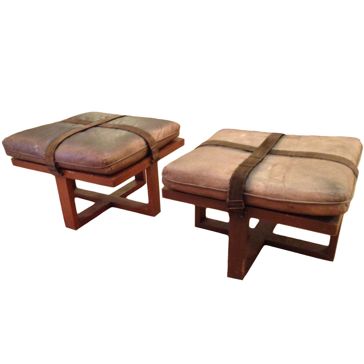 Pair of Rugged Midcentury Distressed Leather Ottomans at 1stDibs