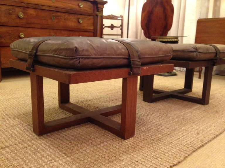 Pair of Rugged Midcentury Distressed Leather Ottomans at 1stDibs