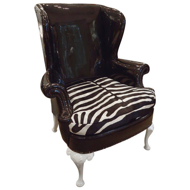 Super Sexy Black Patent Leather and Faux Zebra Wing Chair at 1stDibs