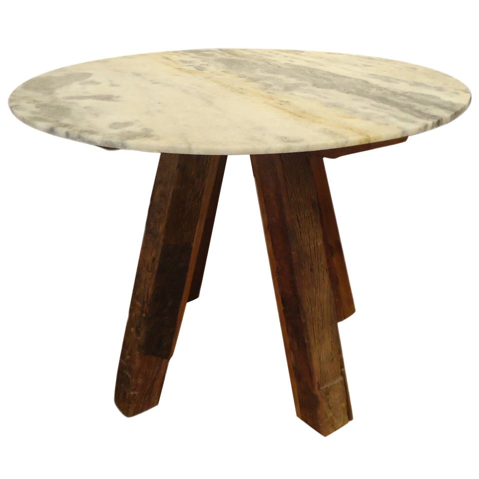 Rustic Wood Beam and Raw Marble Round Table at 1stDibs