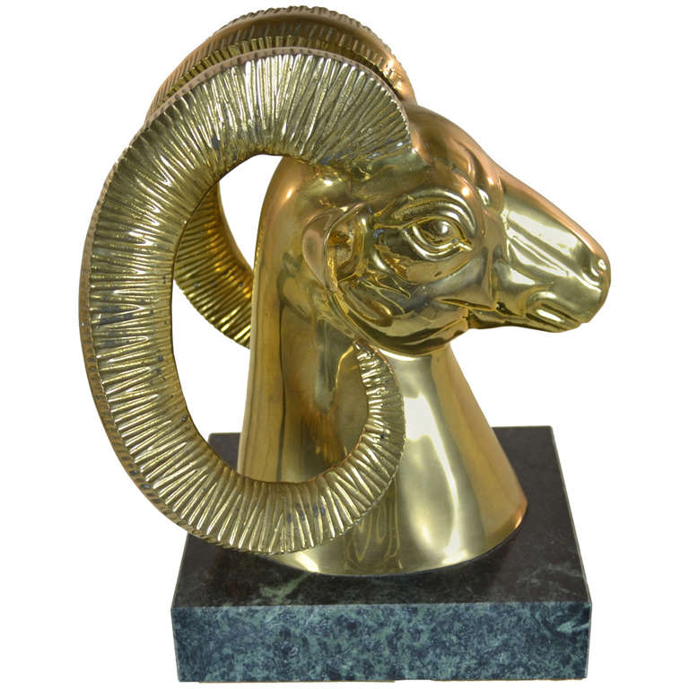 Large Brass Rams Head Sculpture on Marble Base at 1stDibs