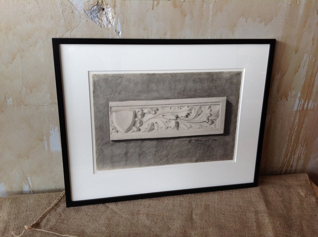 Morando Morandi Charcoal Drawing of Panel with Stemma and Leaves For ...