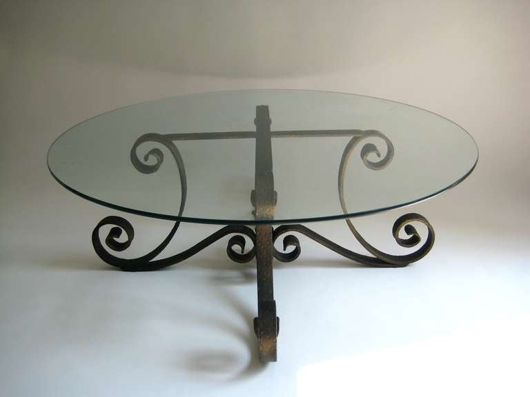 Mid Century Scrolled Forged Iron Table Base with Round Glass Top at 1stDibs