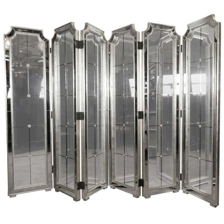 Hollywood Regency Style Three Panel Mirrored Screen at 1stDibs