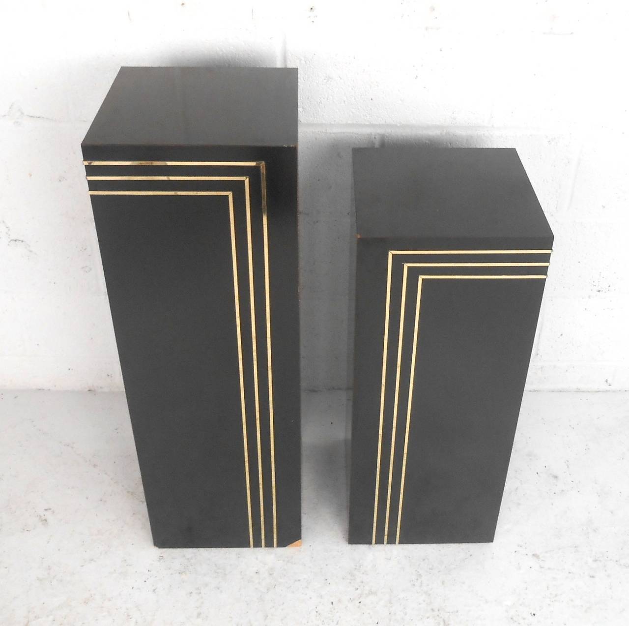 Pair of Mid-Century Modern Pedestal Columns with Brass Trim at 1stDibs