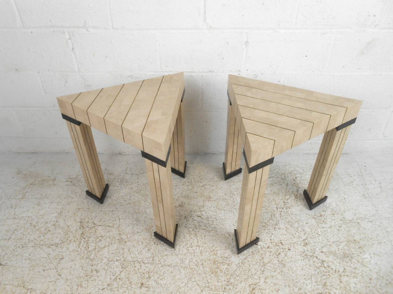 Pair of Mid-Century Modern Maitland Smith Style Triangular End Tables ...