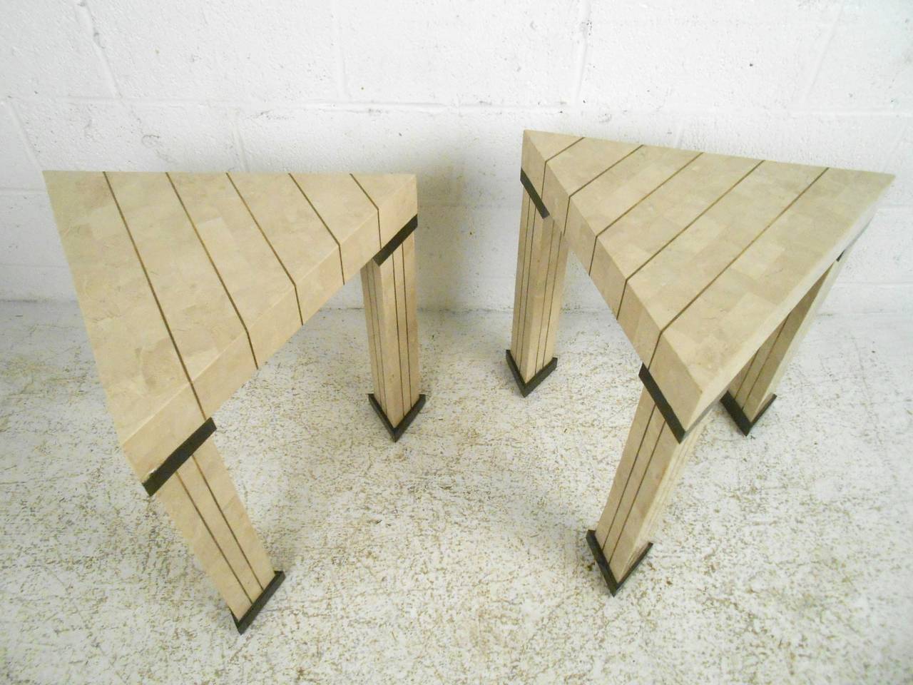 Pair of Mid-Century Modern Maitland Smith Style Triangular End Tables ...