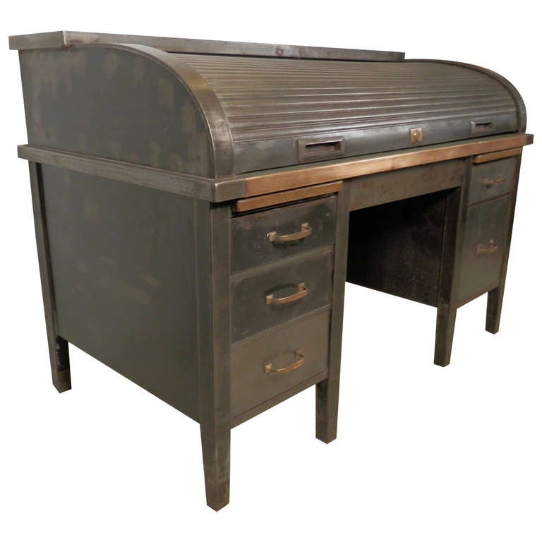 Large Roll Top Metal Desk w/ Brass Detailing at 1stDibs | metal roll ...