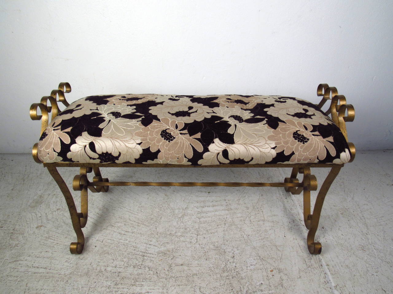 Gilded Wrought Iron Bench with Floral Upholstery at 1stDibs | wrought ...