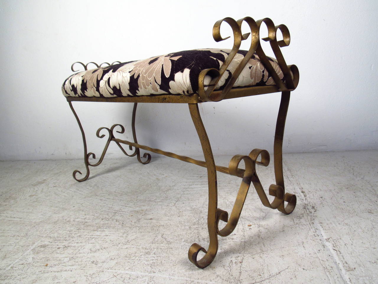 Gilded Wrought Iron Bench with Floral Upholstery at 1stDibs | wrought ...