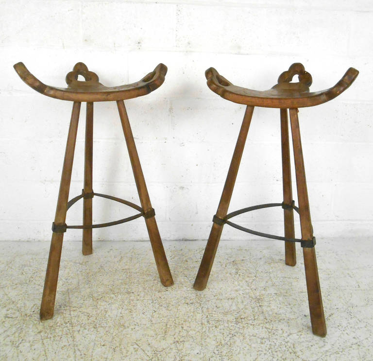 Pair Mid-Century Artisan Carved Rustic Counter Stools at 1stDibs