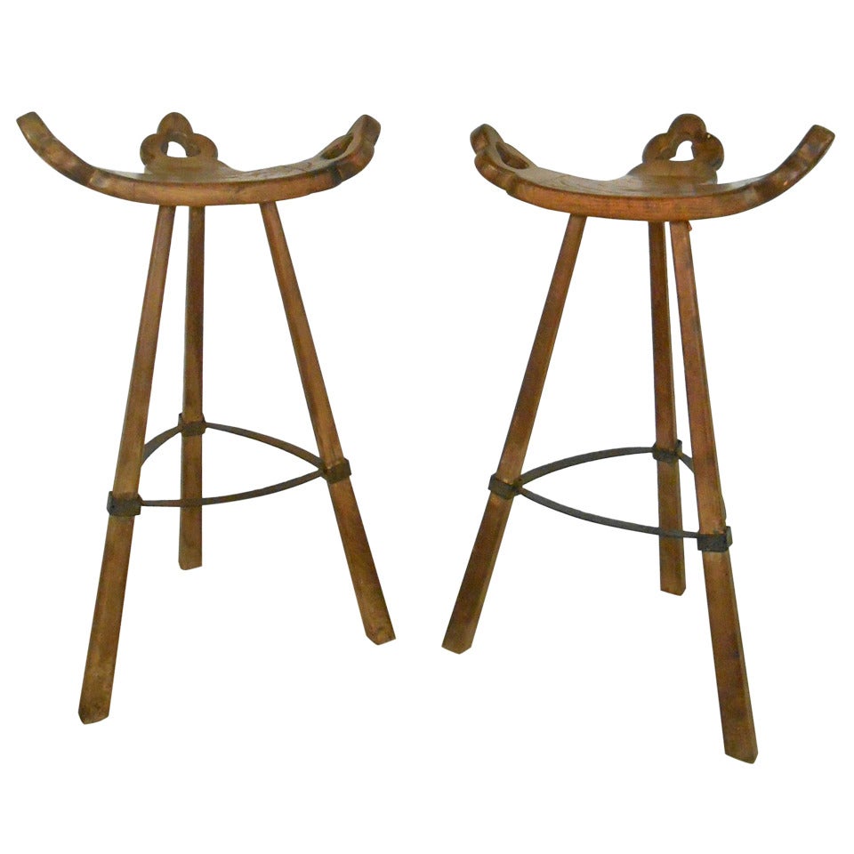 Pair Mid-Century Artisan Carved Rustic Counter Stools at 1stDibs