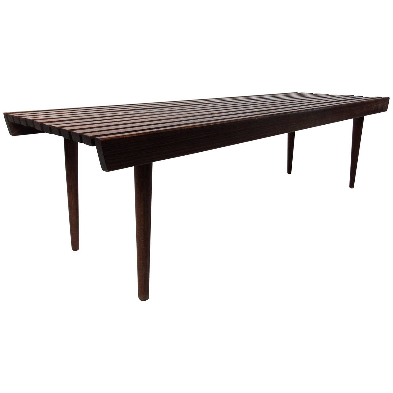 Long Midcentury American-Made Walnut Slat Bench at 1stDibs
