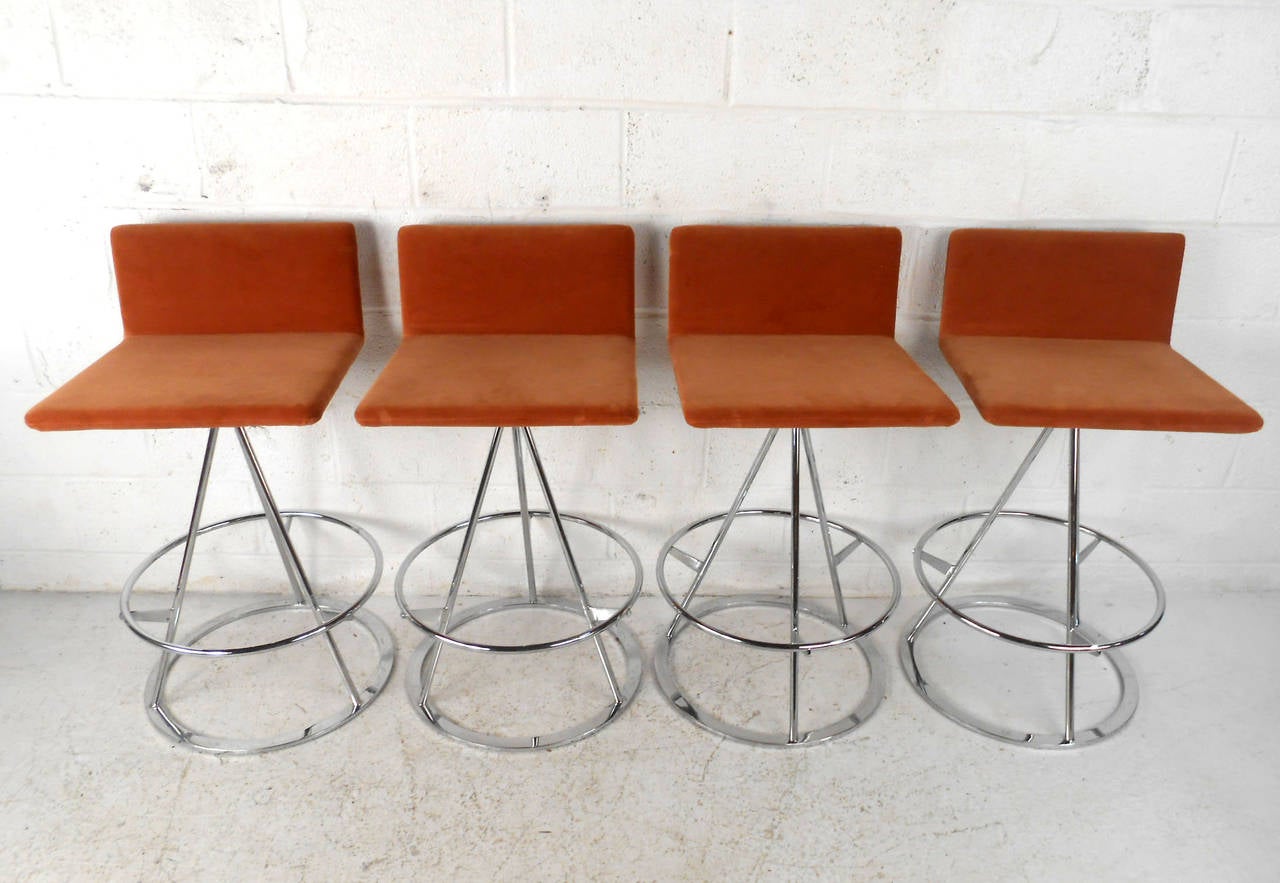 Set of Mid-Century Style Chrome and Suede Swivel Bar Stools at 1stDibs
