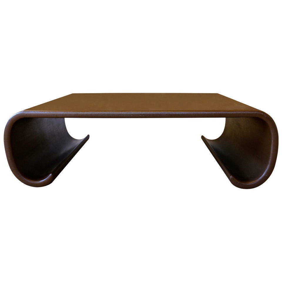 Leather wrapped " Scroll " coffee table signed Karl Springer at 1stDibs
