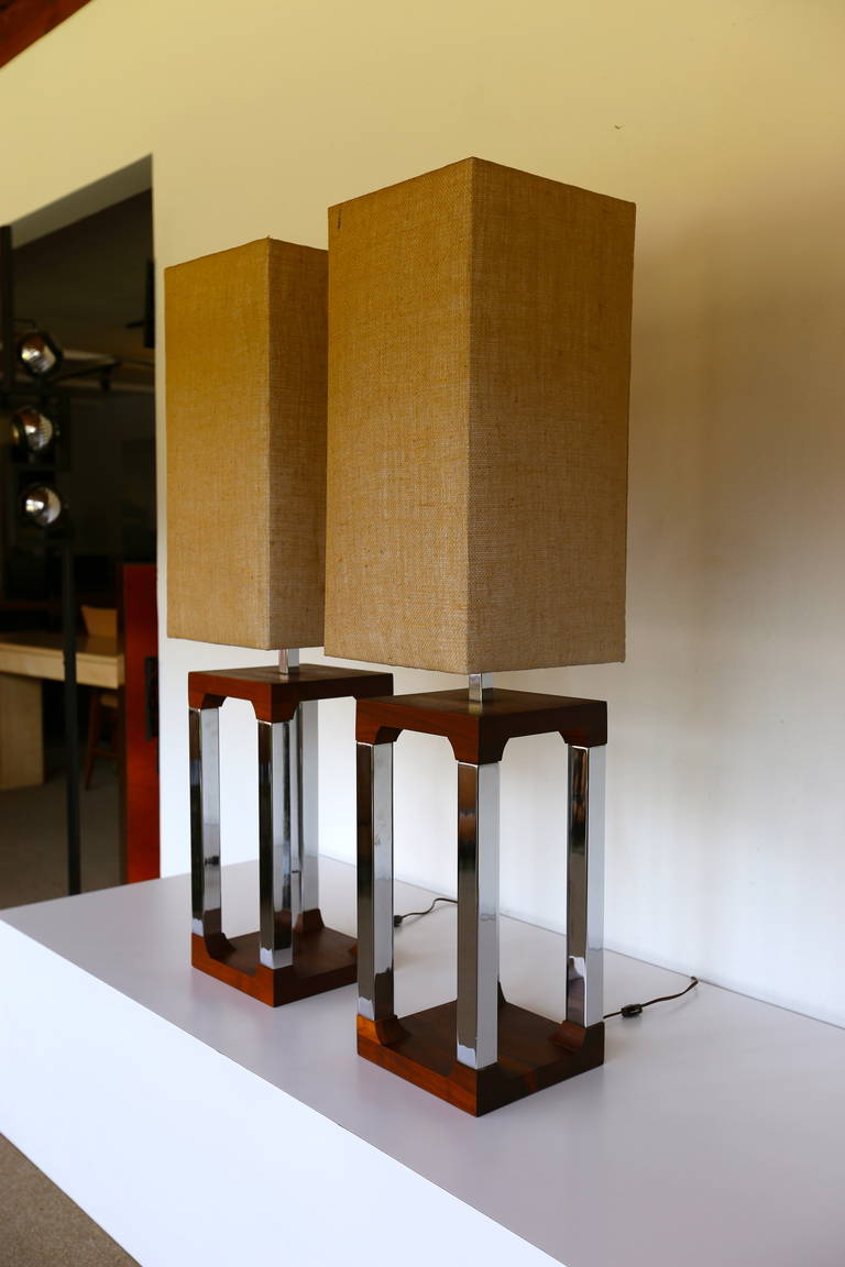 Large Scale Solid Walnut and Chrome Table Lamps at 1stDibs