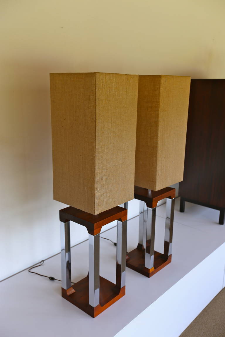 Large Scale Solid Walnut and Chrome Table Lamps at 1stDibs