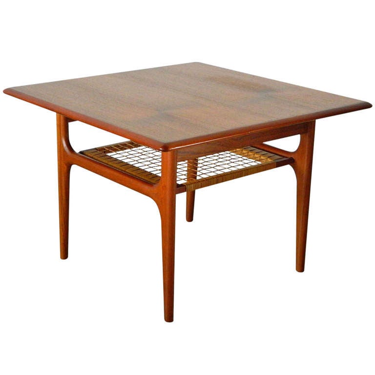 Danish Modern Teak Side Table with Caned Shelf at 1stDibs