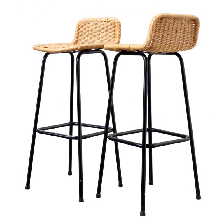 PAIR OF CHARLOTTE PERRIAND STYLE WICKER BAR STOOLS at 1stDibs