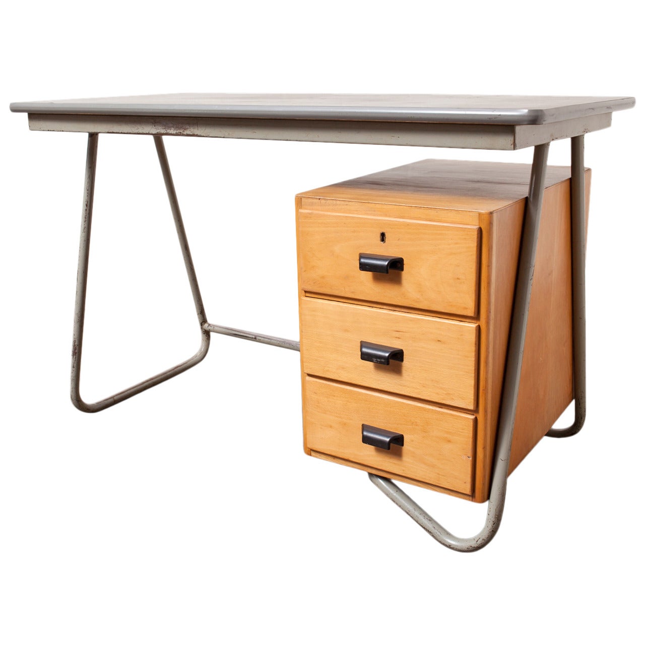 Dutch Deco Style Tubular Desk with Birch Drawers at 1stDibs