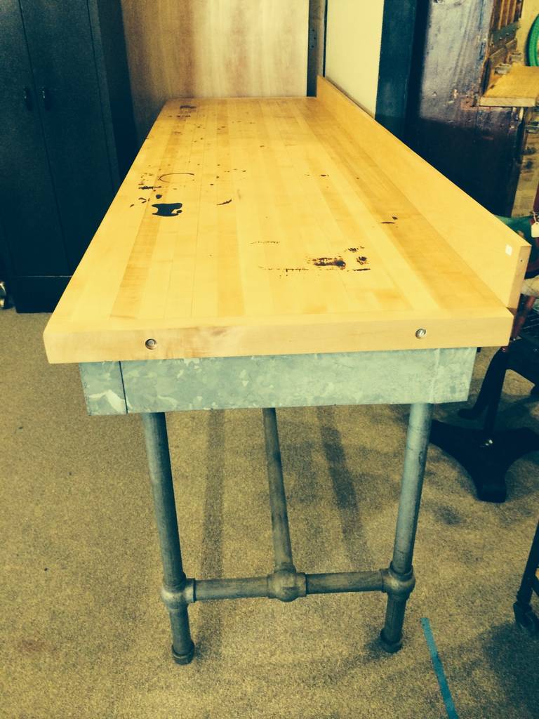 Significant Butcher Block and Steel Industrial Table, 8 ft plus at 1stDibs