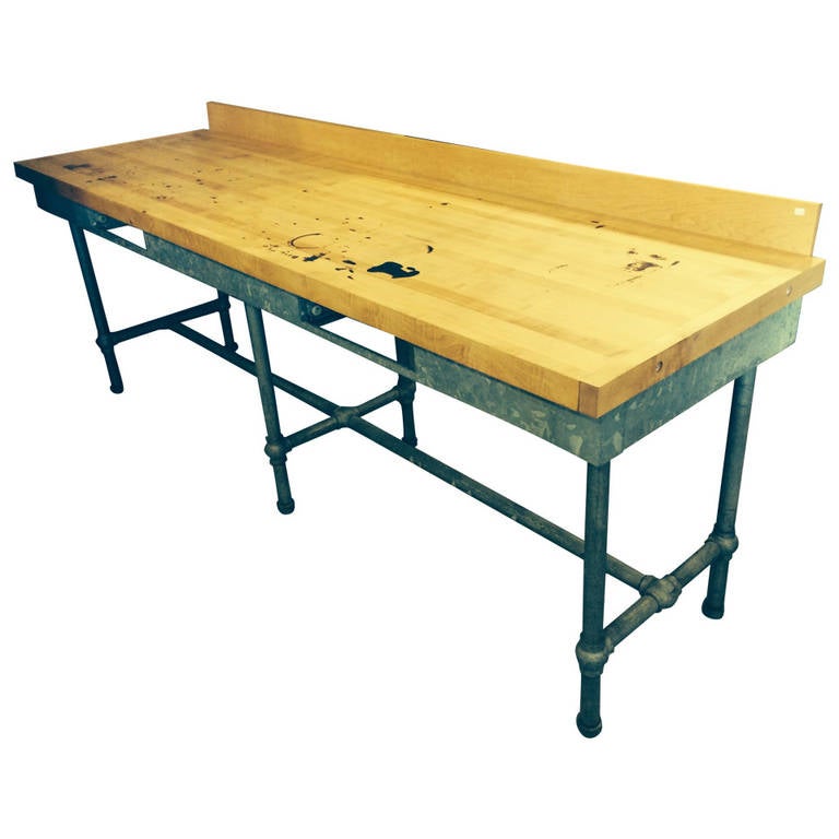 Significant Butcher Block and Steel Industrial Table, 8 ft plus at 1stDibs
