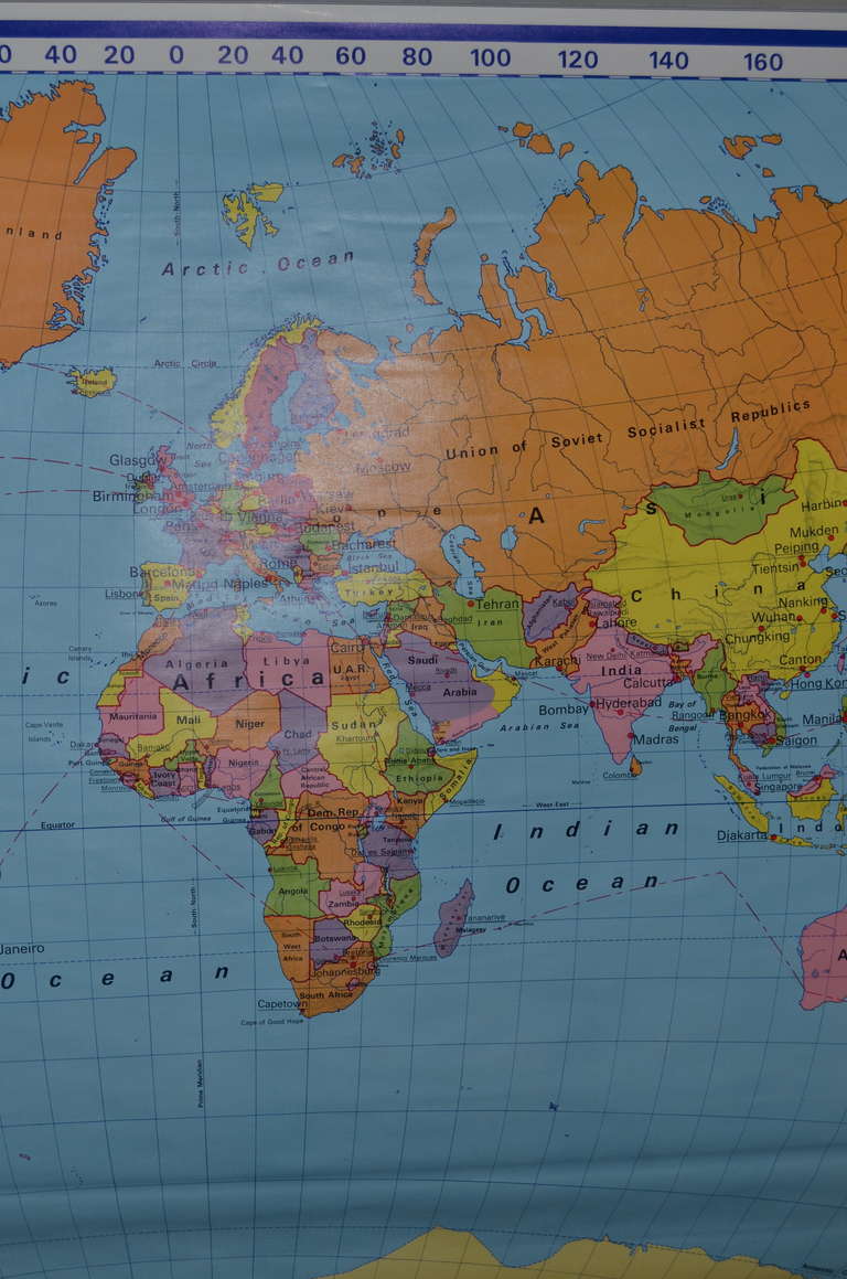 Map of the World on retractable roller at 1stDibs | retractable world ...