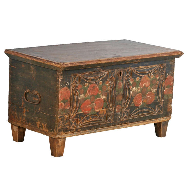 Antique Original Painted and Carved Romanian Trunk Circa 1840 at 1stDibs