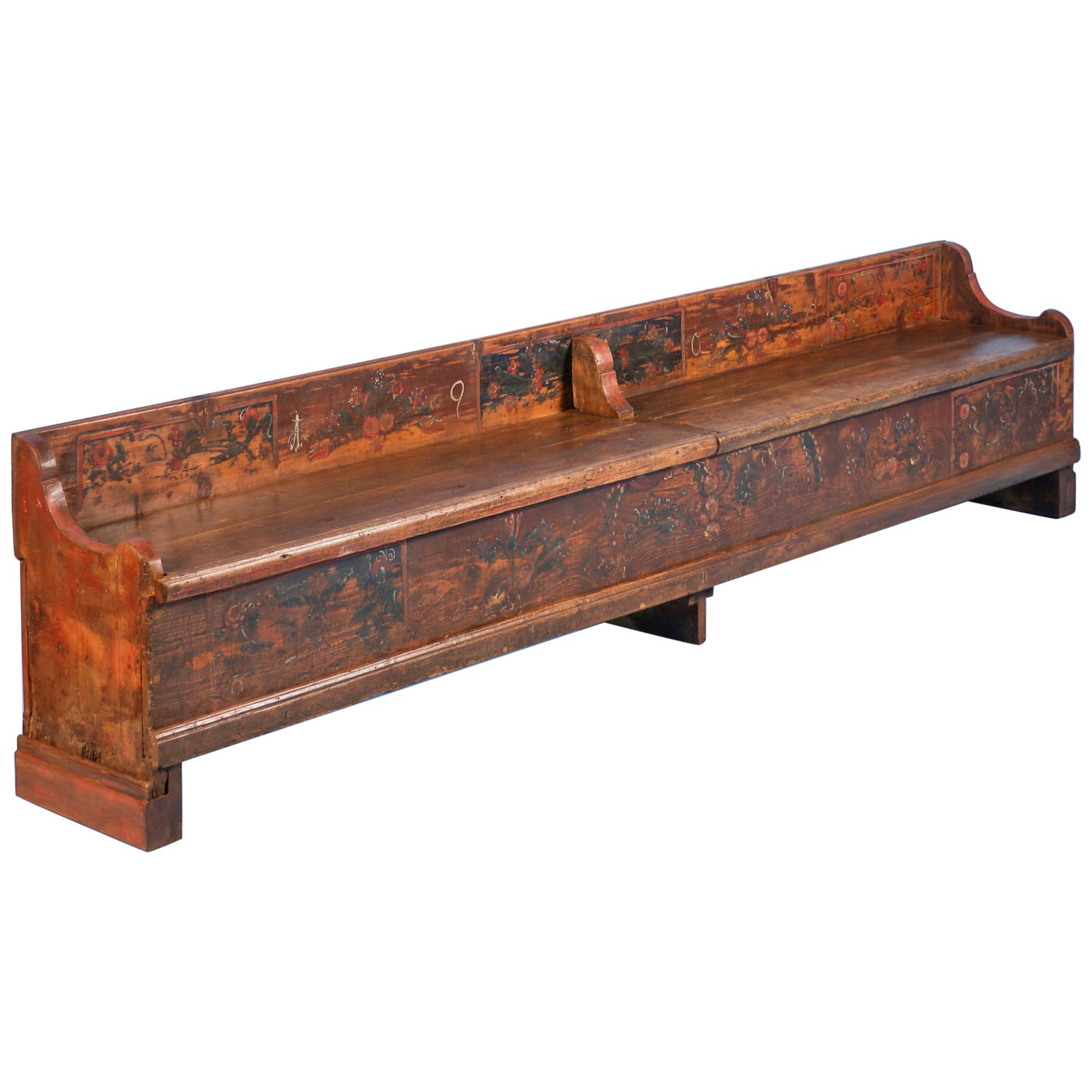Long Original Painted Red and Blue Romanian Bench with Storage, Dated ...
