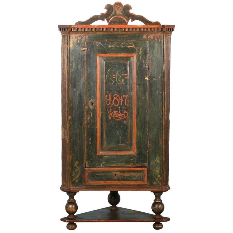 Antique Original Painted Corner Cupboard Cabinet Dated 1847 at 1stDibs ...