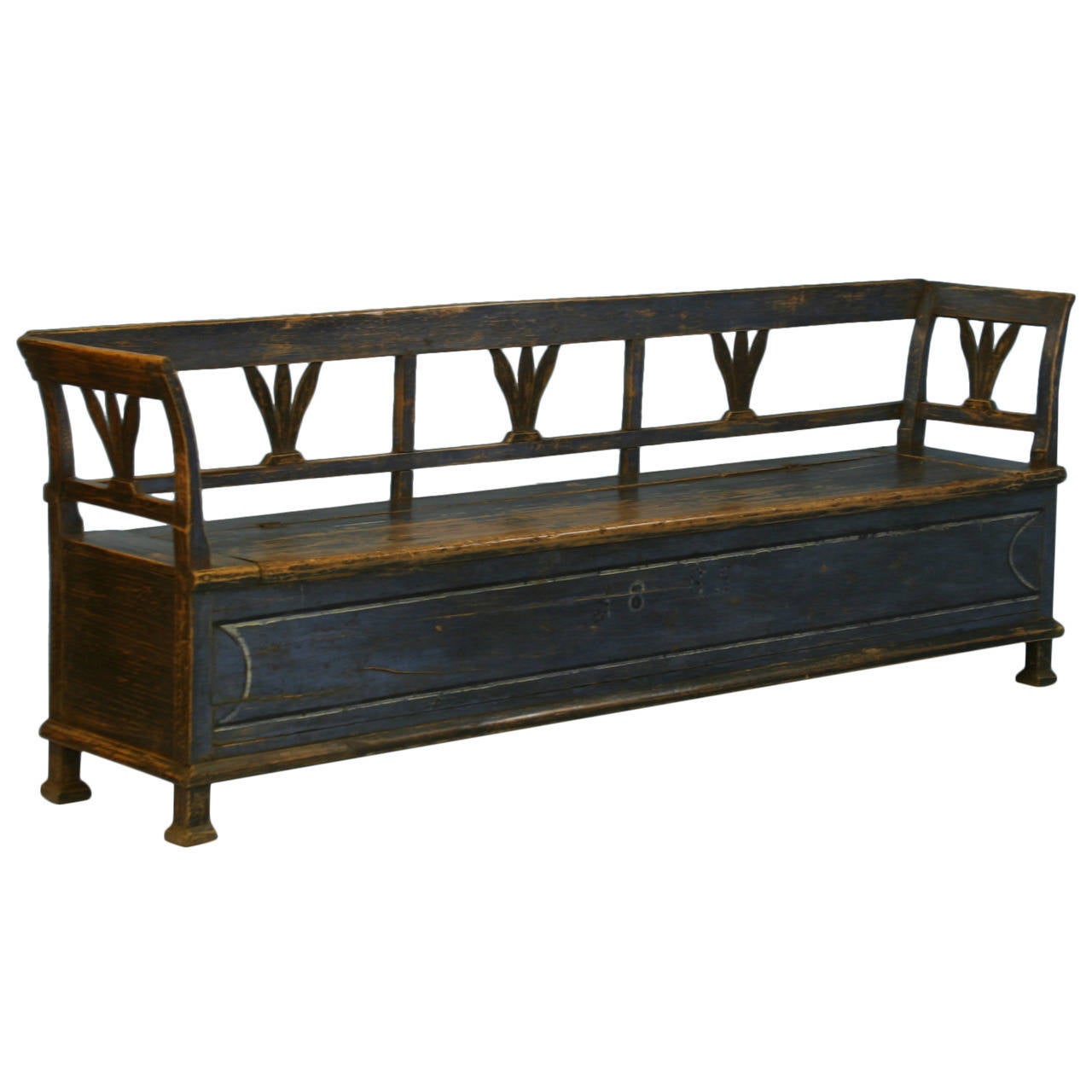 Antique Long Original Blue Painted Bench, Romania circa 1860's at 1stDibs