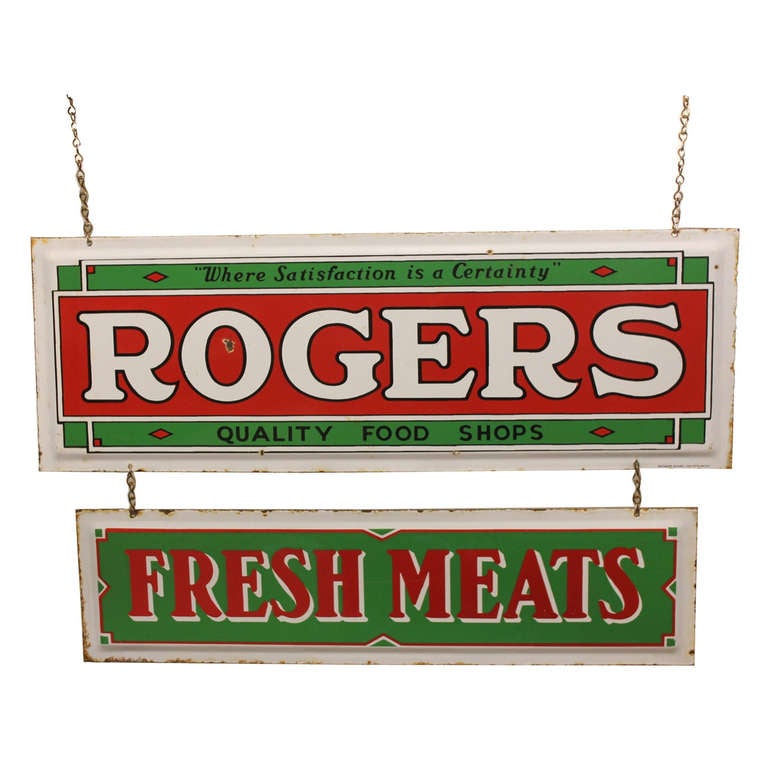 1930's Enamel Double Sign " Rogers Fresh Meats " at 1stDibs