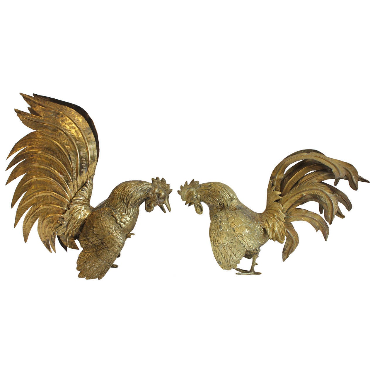 Melani Mario Style Brass Fighting Rooster Sculptures at 1stDibs