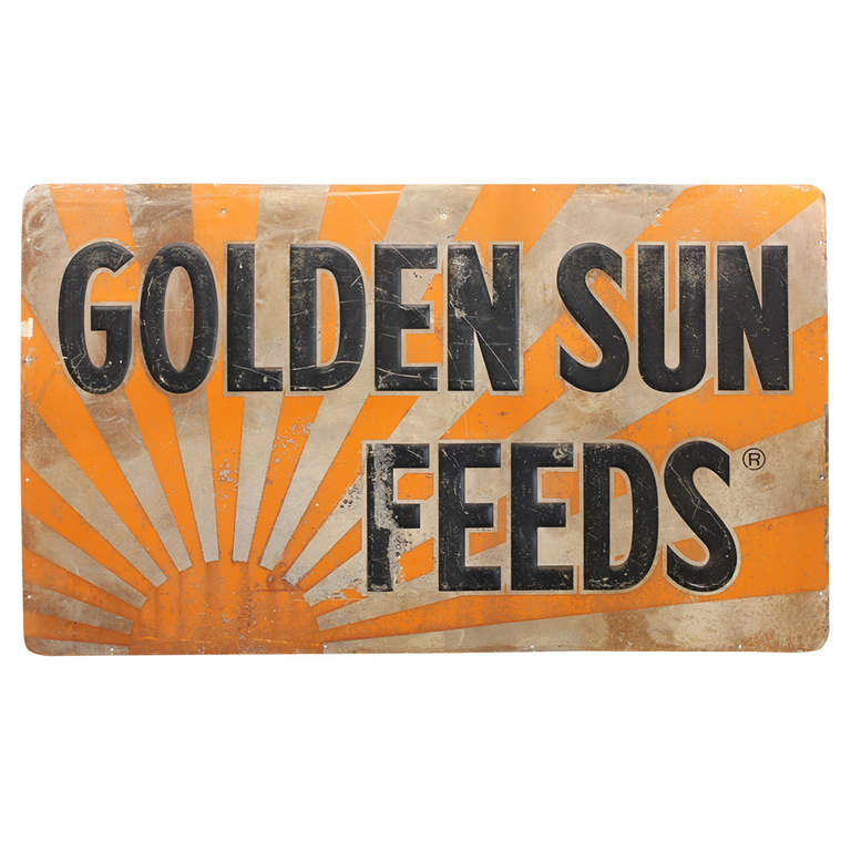 Vintage Embossed Metal, " Golden Sun Feeds " Sign at 1stDibs