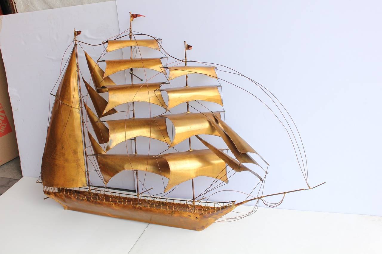 Large Midcentury Handmade Brass Ship or Yacht Wall Sculpture For Sale ...